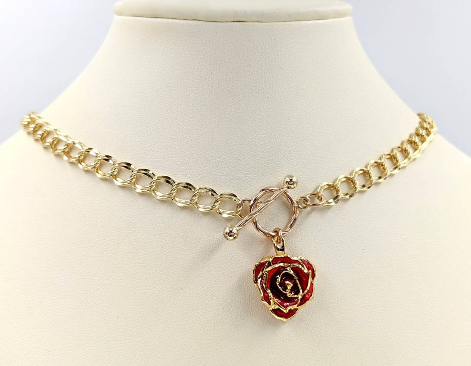 18K Gold Tipped Real Rose Flower Heavy Chain Toggle Necklace | Etsy