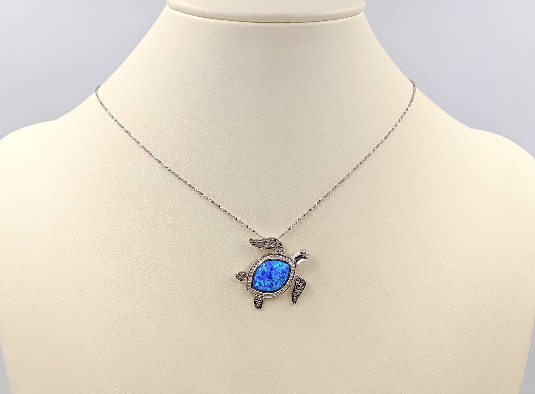 Turtle Necklace; Sterling Turtle Necklace W Blue Fire Opal; 925 Opal ...