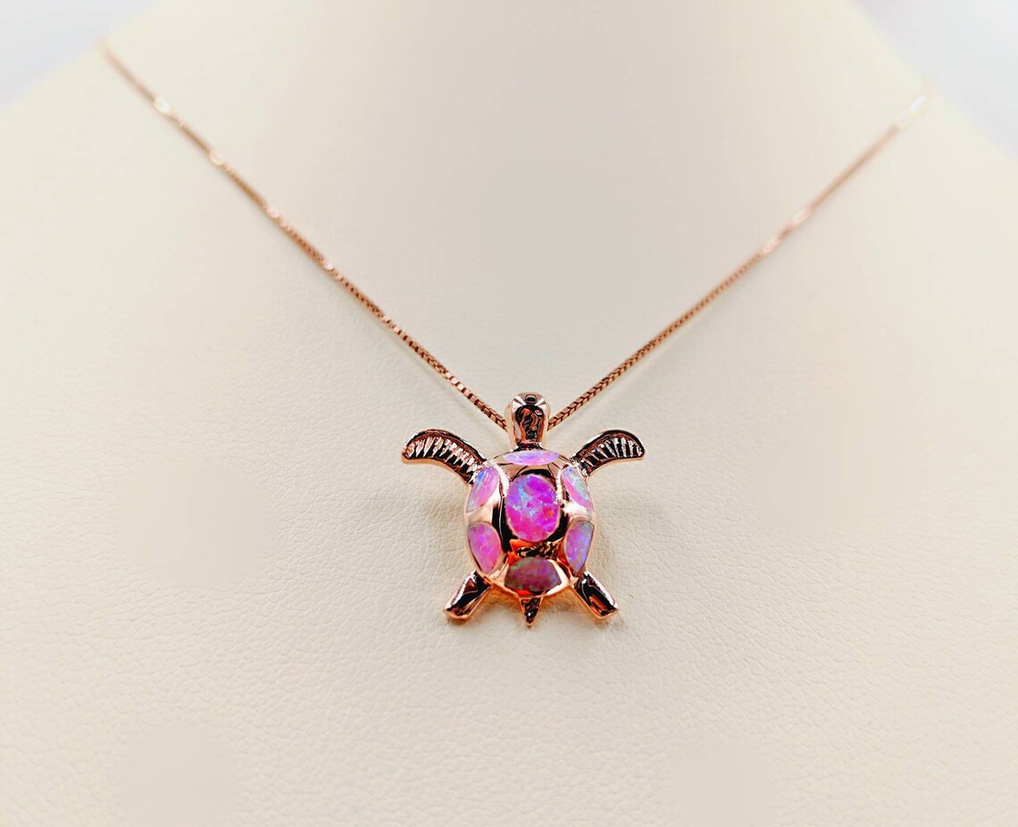 Rose Gold Turtle Necklace; 925 & Rose Gold Pink Opal Turtle Necklace ...