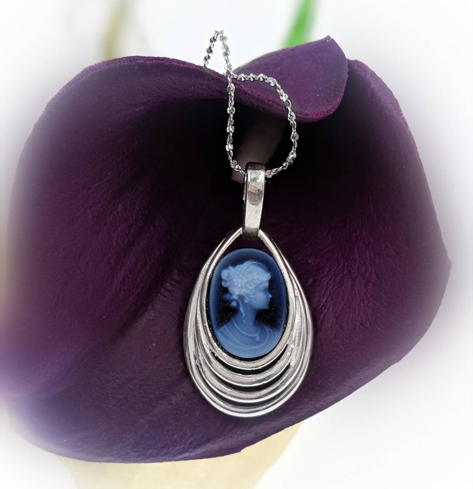 Blue Agate Lady Cameo; Blue Victorian Cameo Necklace; Genuine Agate ...