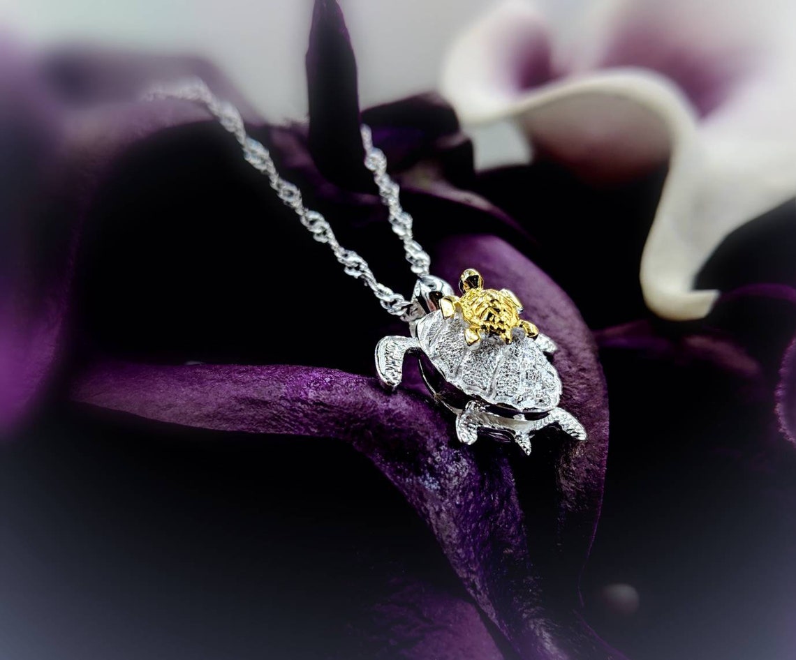Silver and Gold Turtle Necklace, Moving Legs Mom and Baby Turtle ...