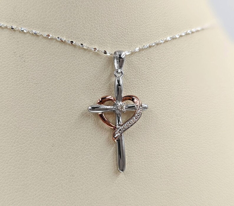 Rose Gold & Sterling Silver Cross Necklace With Heart and | Etsy