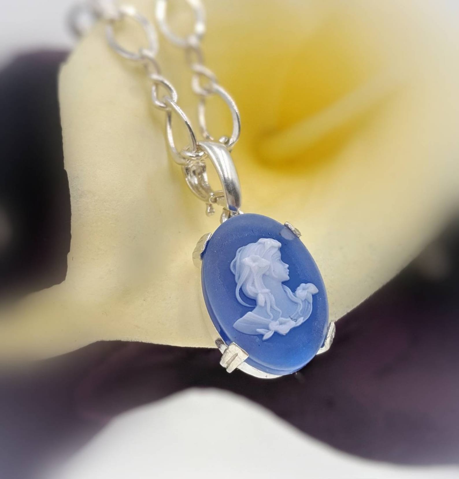 Victorian Cameo; Genuine Agate Cameo Necklace; Blue Woman Stone, 925 ...