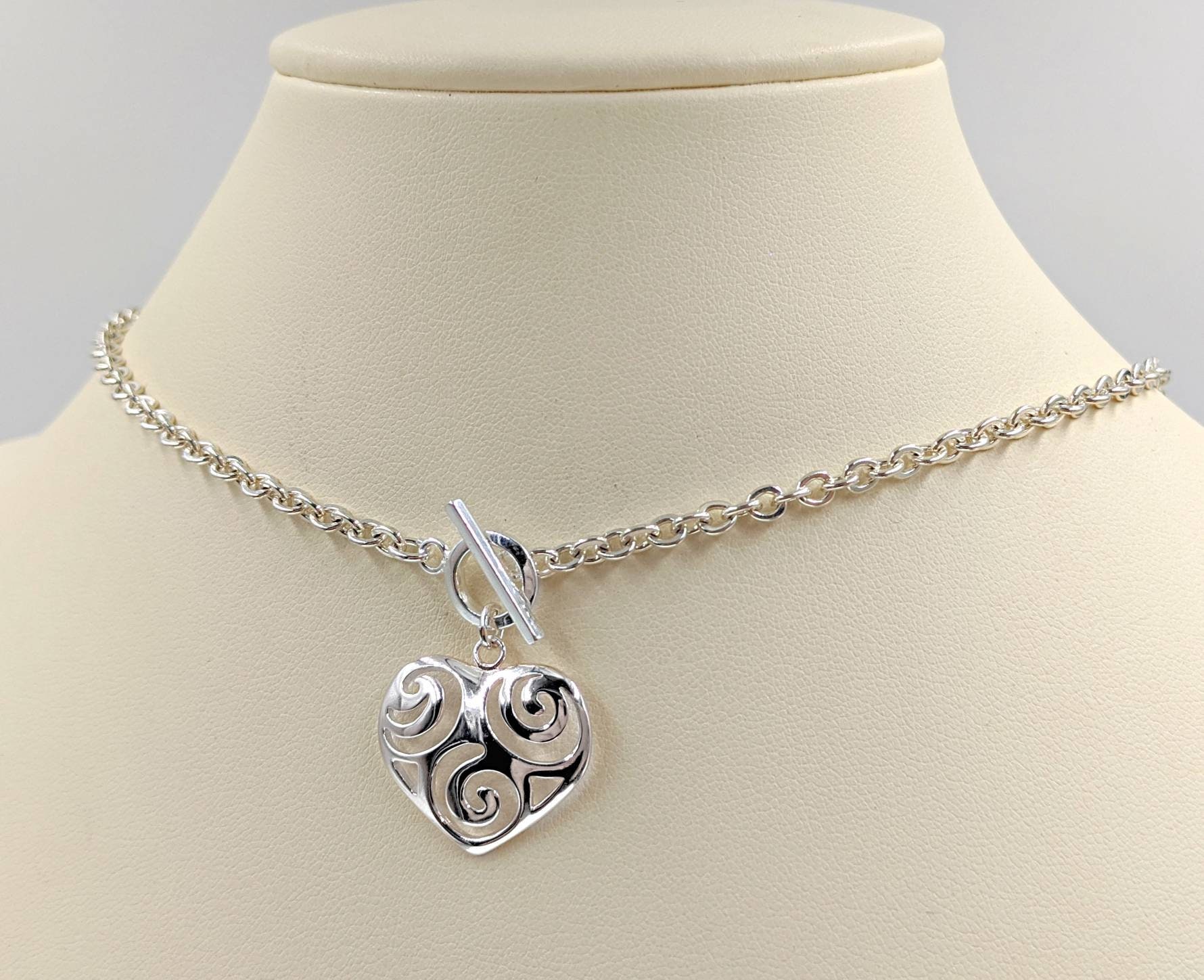 925 Sterling Silver Heart Toggle Necklace Heart Toggle Puffy Etsy