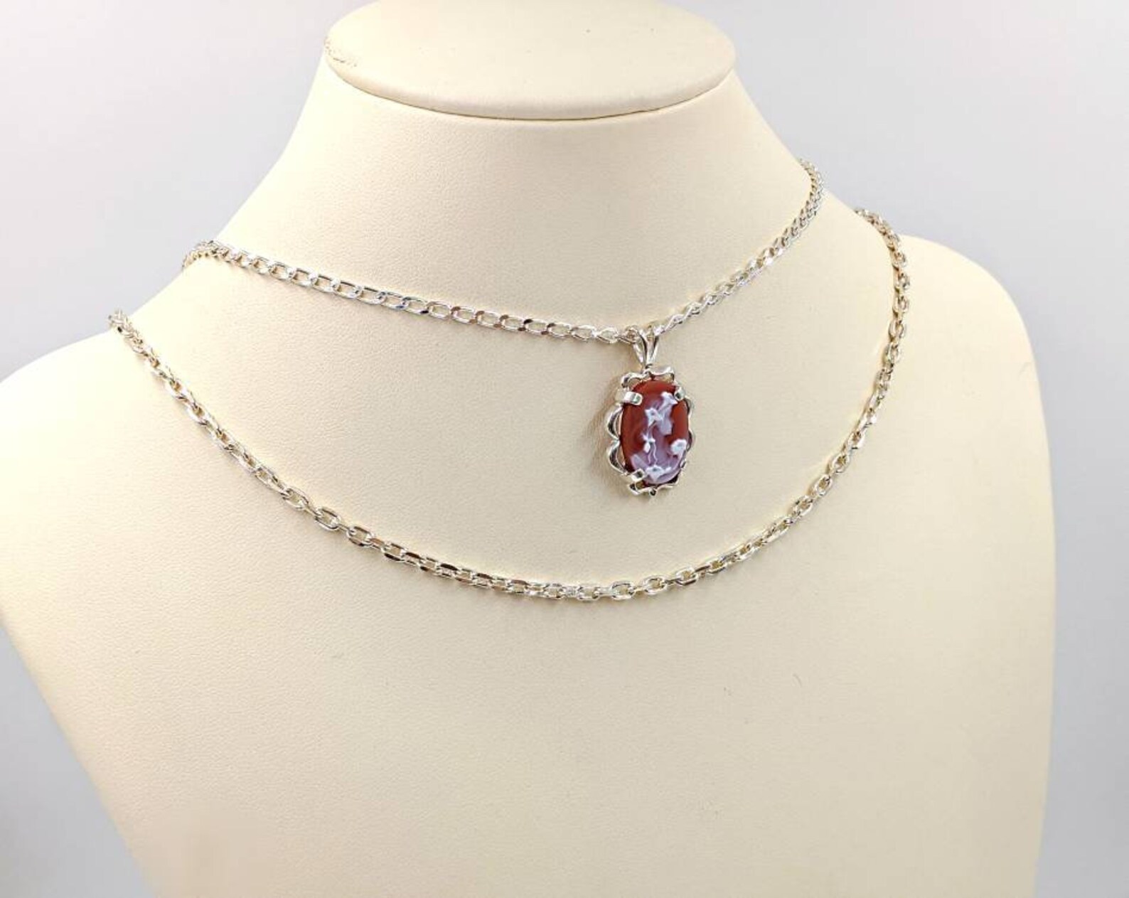 Genuine 925 Cameo Necklace; Genuine Red Agate Cameo W Layered Detail ...