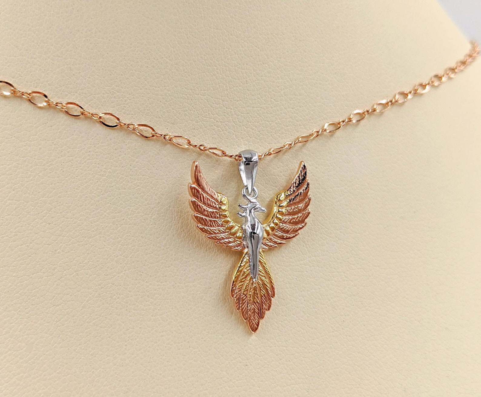 Tri Tone Phoenix Rising Necklace, 925, Gold, & Rose Gold Phoenix Rising ...