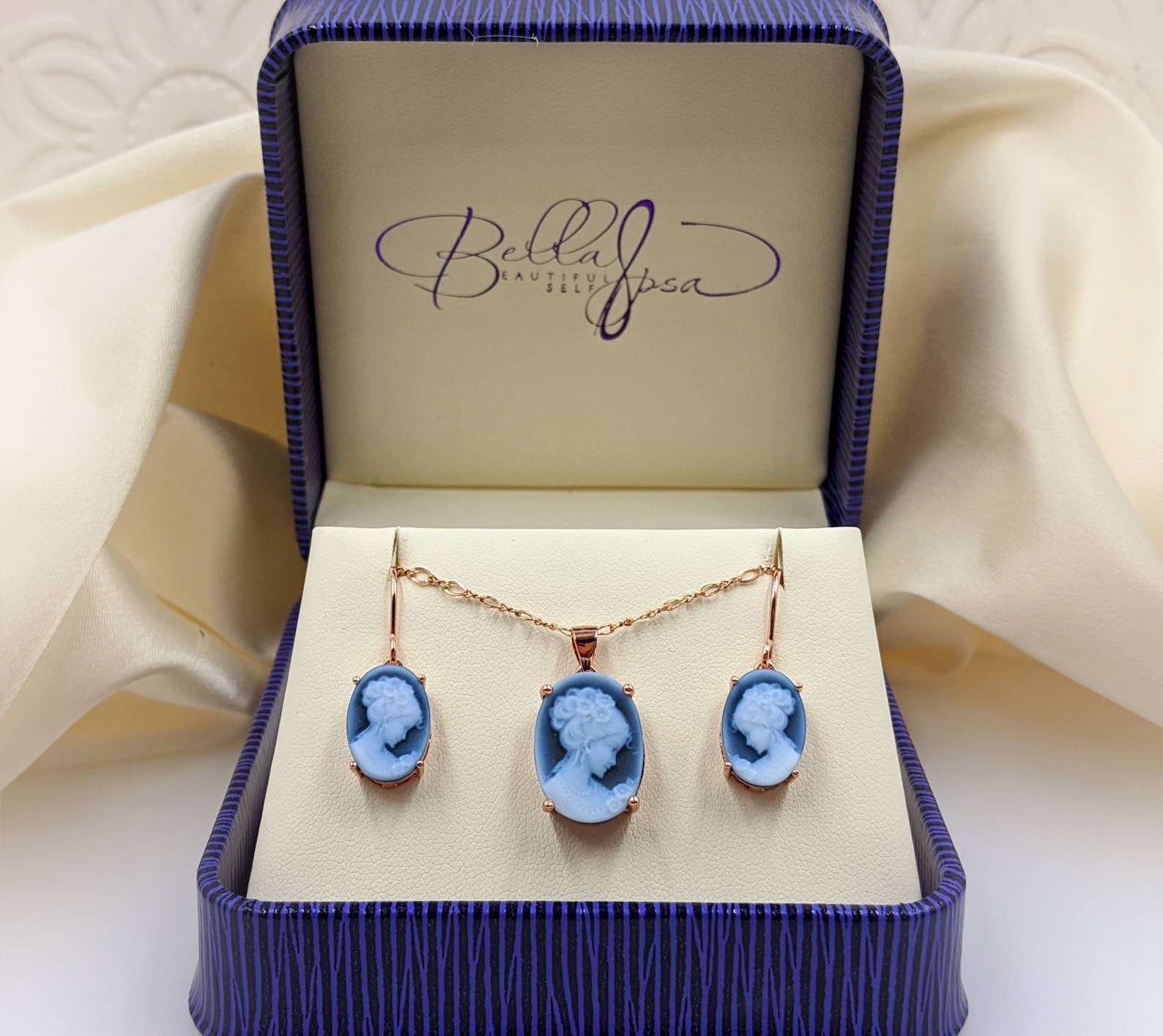 Sterling and Rose Gold Cameo Necklace Set Genuine Blue Agate | Etsy