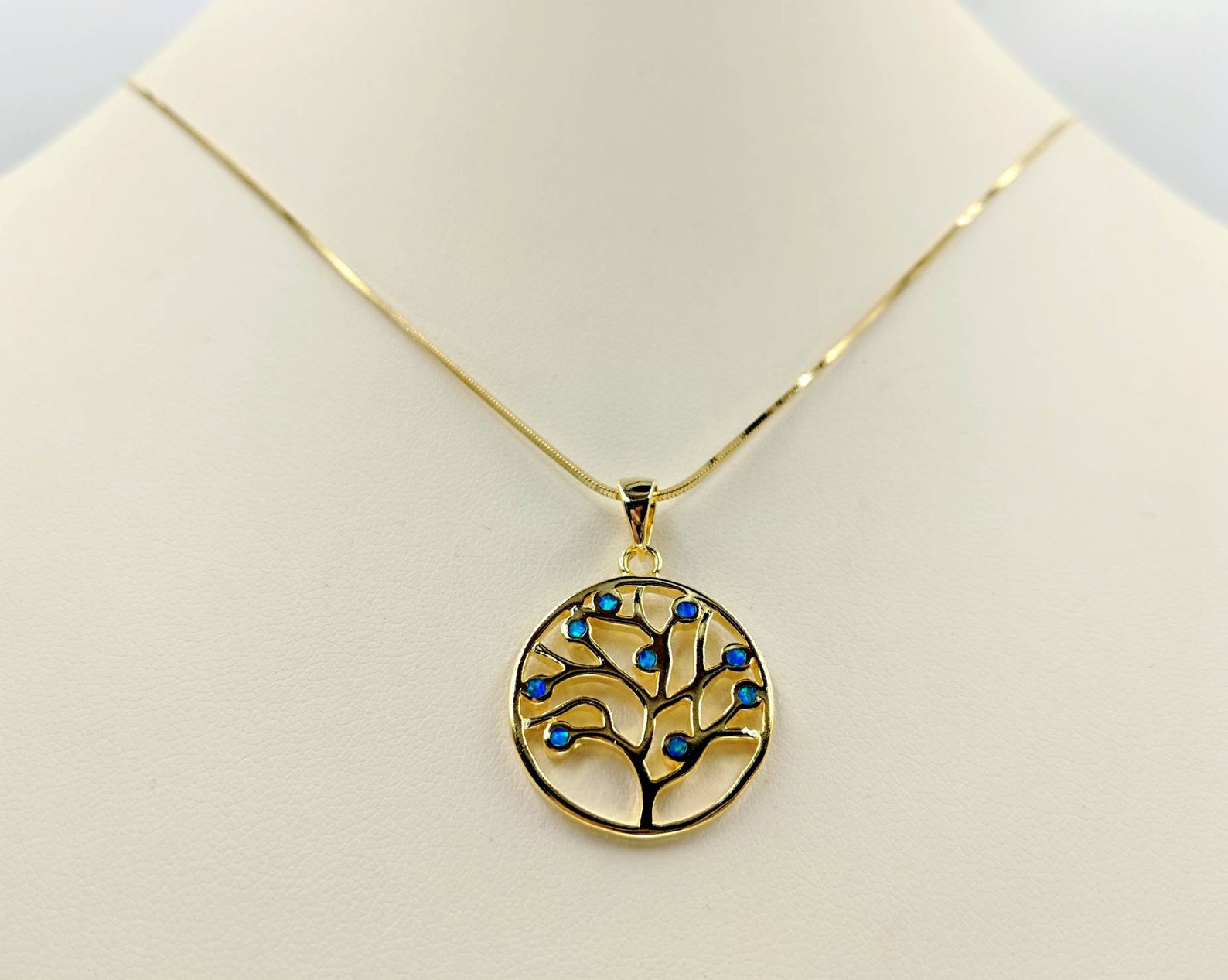 925, Gold, & Blue Opal Tree of Life Necklace; Gold Family Tree; Tree of ...