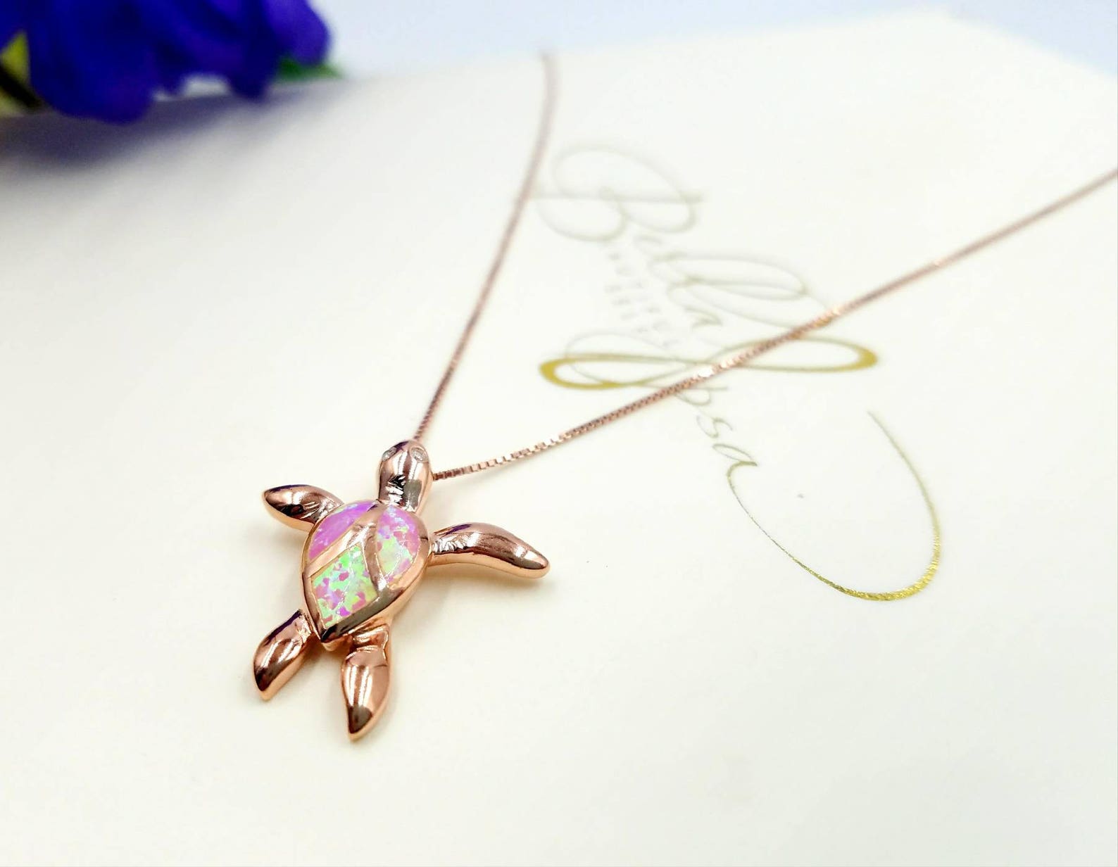Adorable 925 Pink Opal Rose Gold Turtle Pendant W CZ Detail on - Etsy