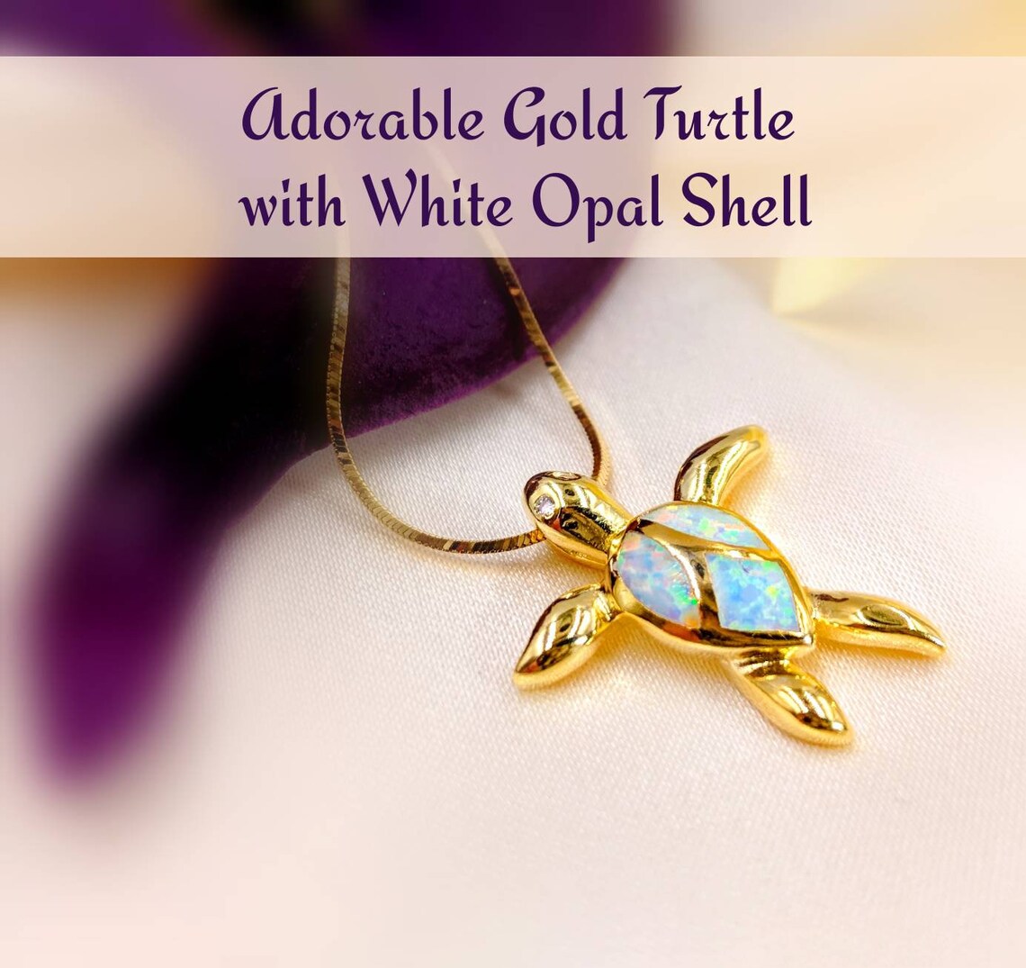 Adorable 925 Gold & White Opal Turtle Pendant W CZ Detail on Gold and ...