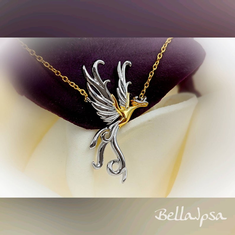 Two Tone Phoenix Rising Necklace, 925 Silver and Gold Phoenix Rising ...