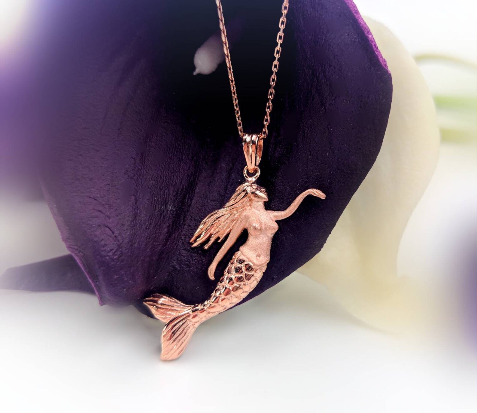 925 Rose Gold Mermaid Necklace - Mermaid Pendant & 925 Rose Chain; Rose ...