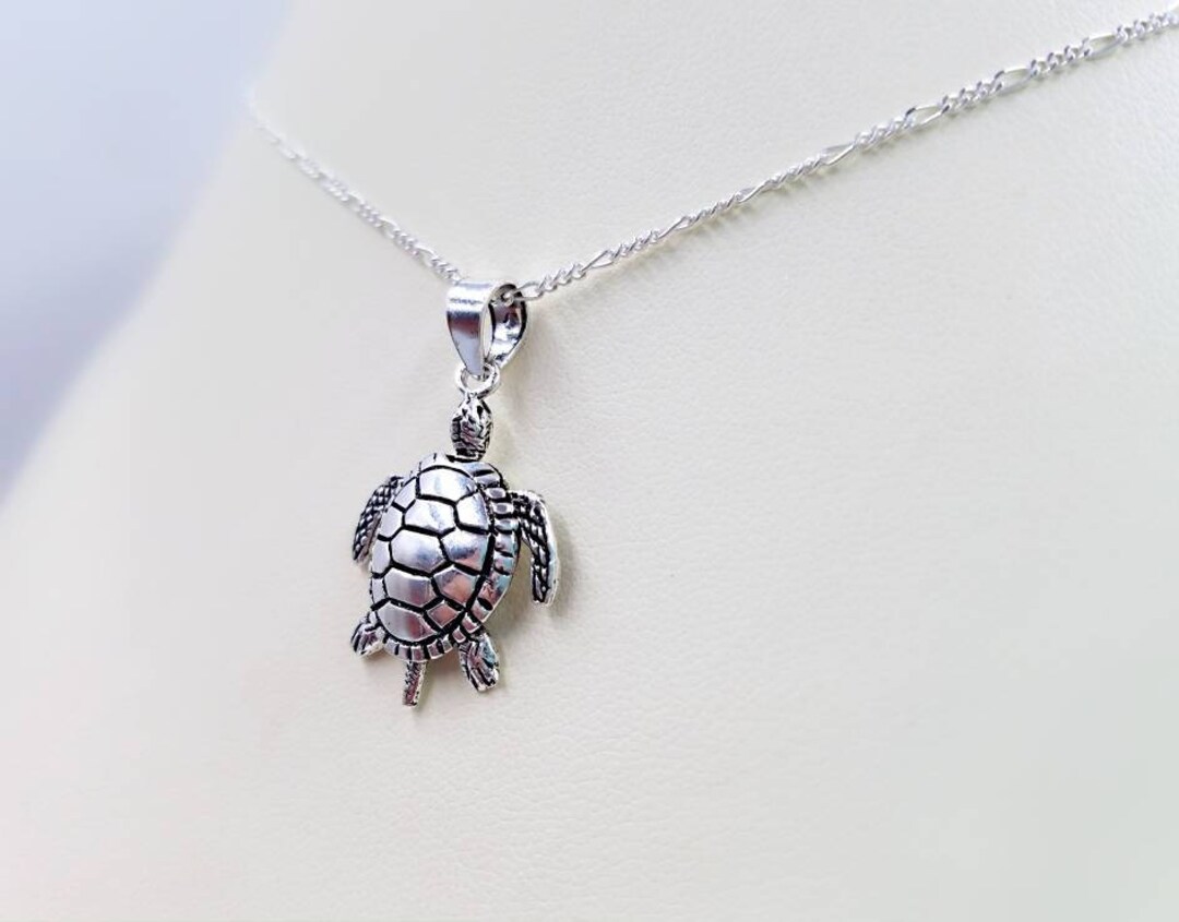 Moving Legs Sea Turtle Pendants Sterling Silver Figaro Chain Necklace W ...