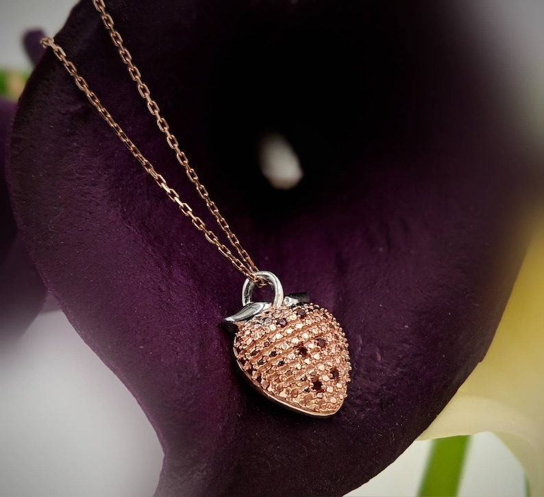 Diamond & Rose Gold Strawberry Necklace 925 and Diamond Berry | Etsy