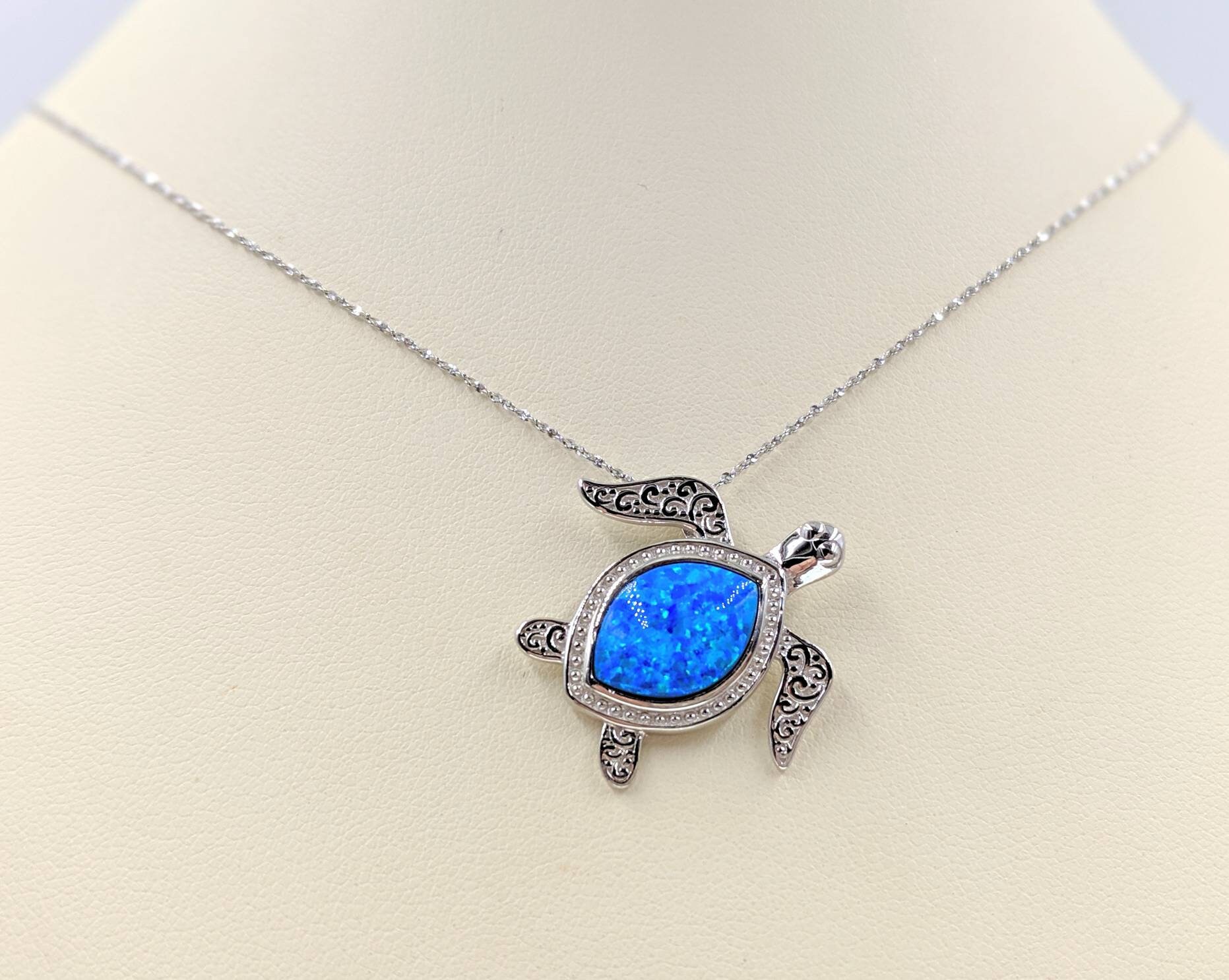 Turtle Necklace Sterling Turtle Necklace w Blue Fire Opal | Etsy