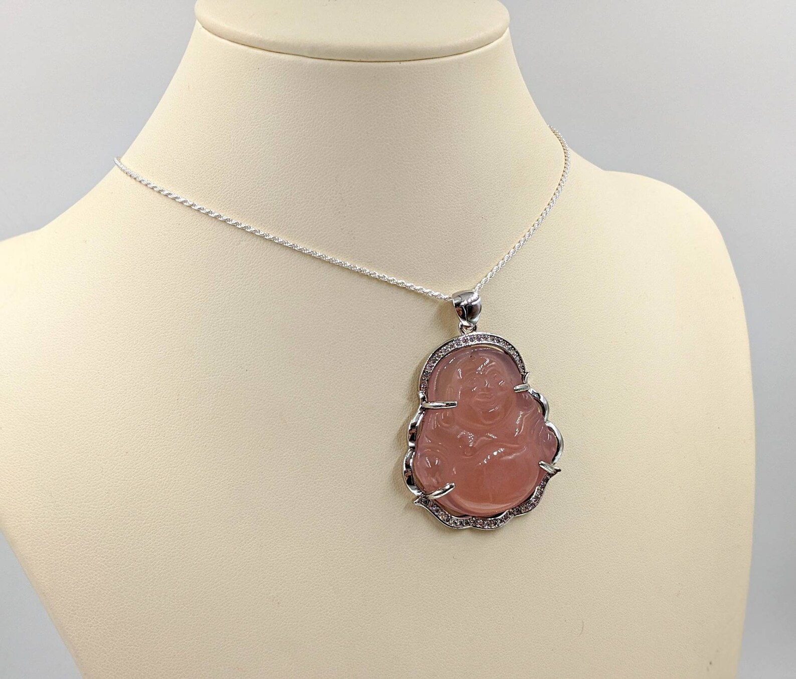 Large Sterling Silver Pink Jade Buddha; 925 Buddha Necklace; Pink ...