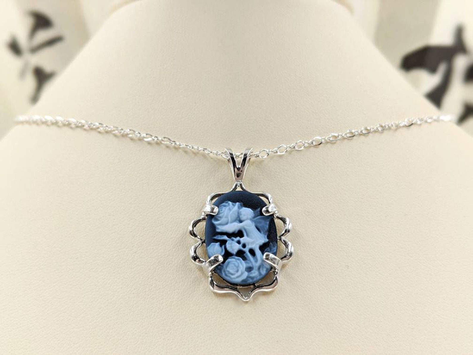 Genuine Agate AA Black / Blue Agate Cameo Necklace; Victorian Fairy ...