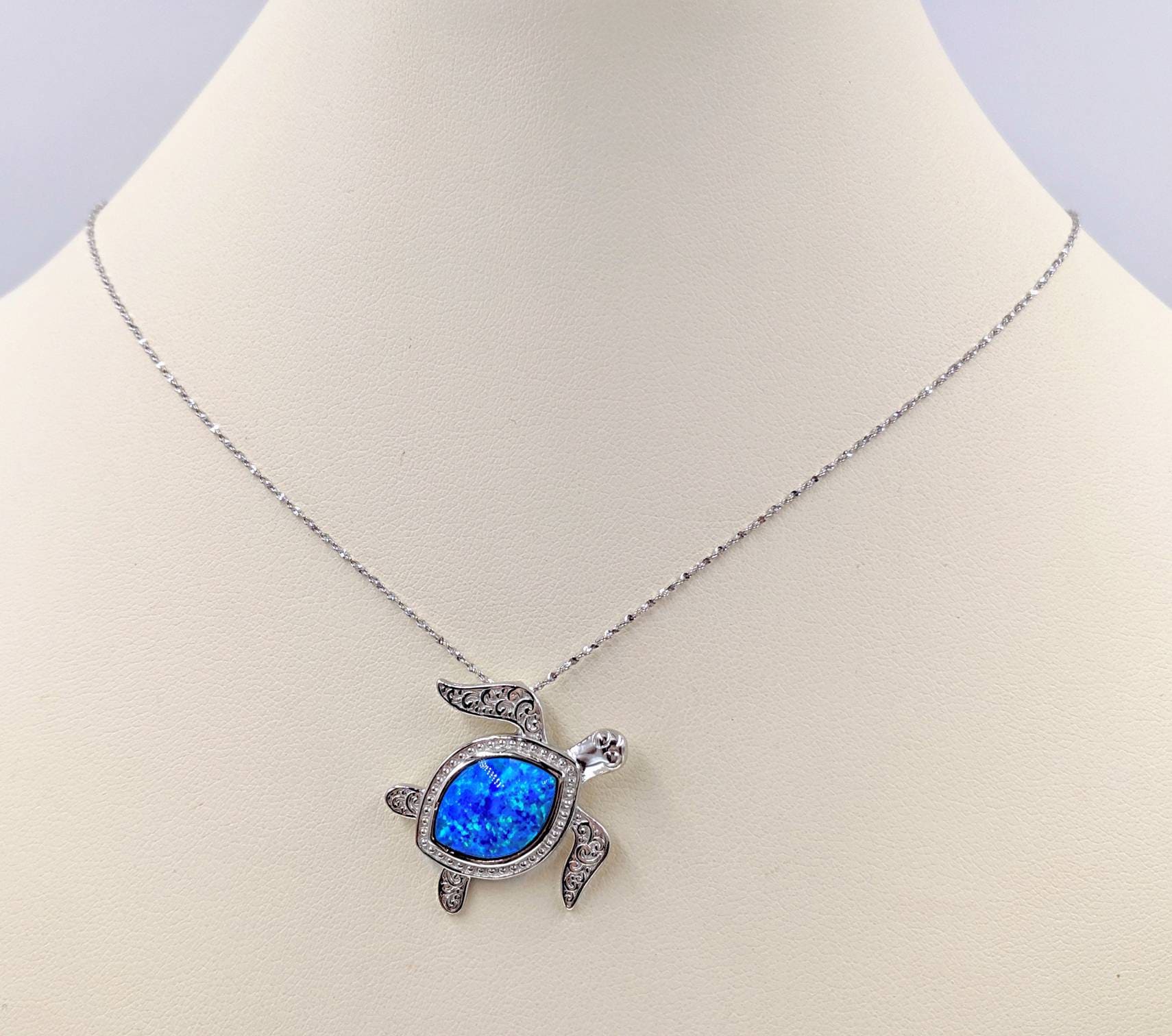 Turtle Necklace; Sterling Turtle Necklace W Blue Fire Opal; 925 Opal ...
