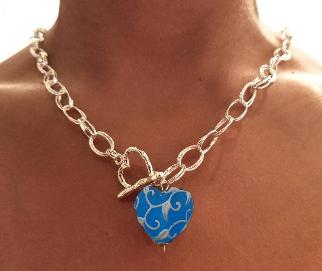 Filigree Heart 925 Sterling Fancy Textured Chain Necklace W Blue Swirl ...