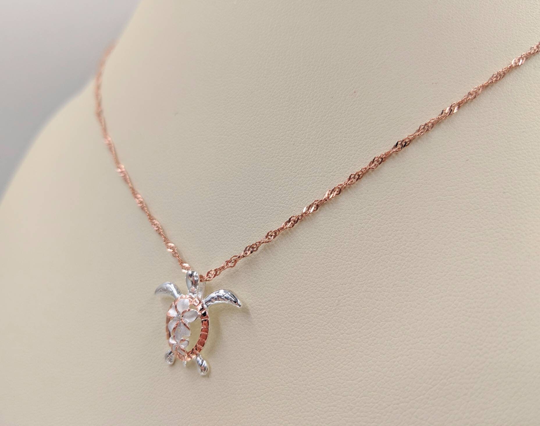 Two Tone Turtle Rose Gold Turtle Necklace With Hibiscus - Etsy
