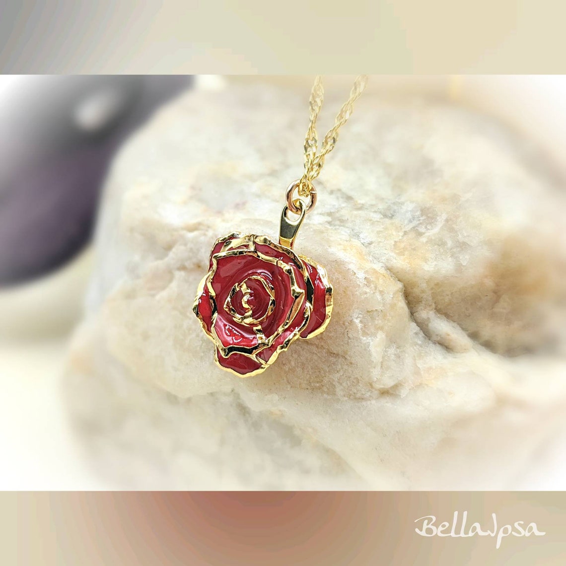 18K Gold Tipped Real Rose Flower Necklace Red Rose in 18K - Etsy