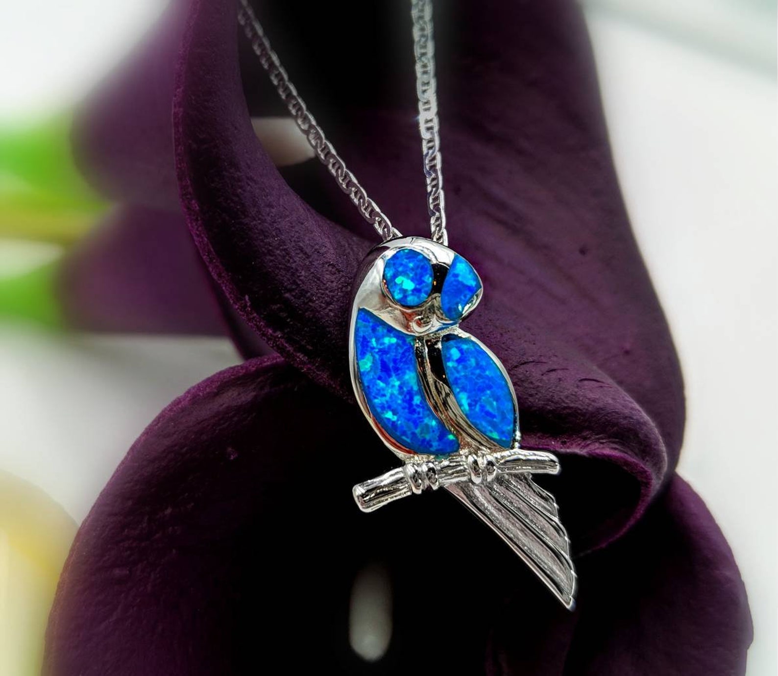 Blue Opal Owl Necklace; 925 Sterling & Fire Opal Owl Charm on Mariner ...