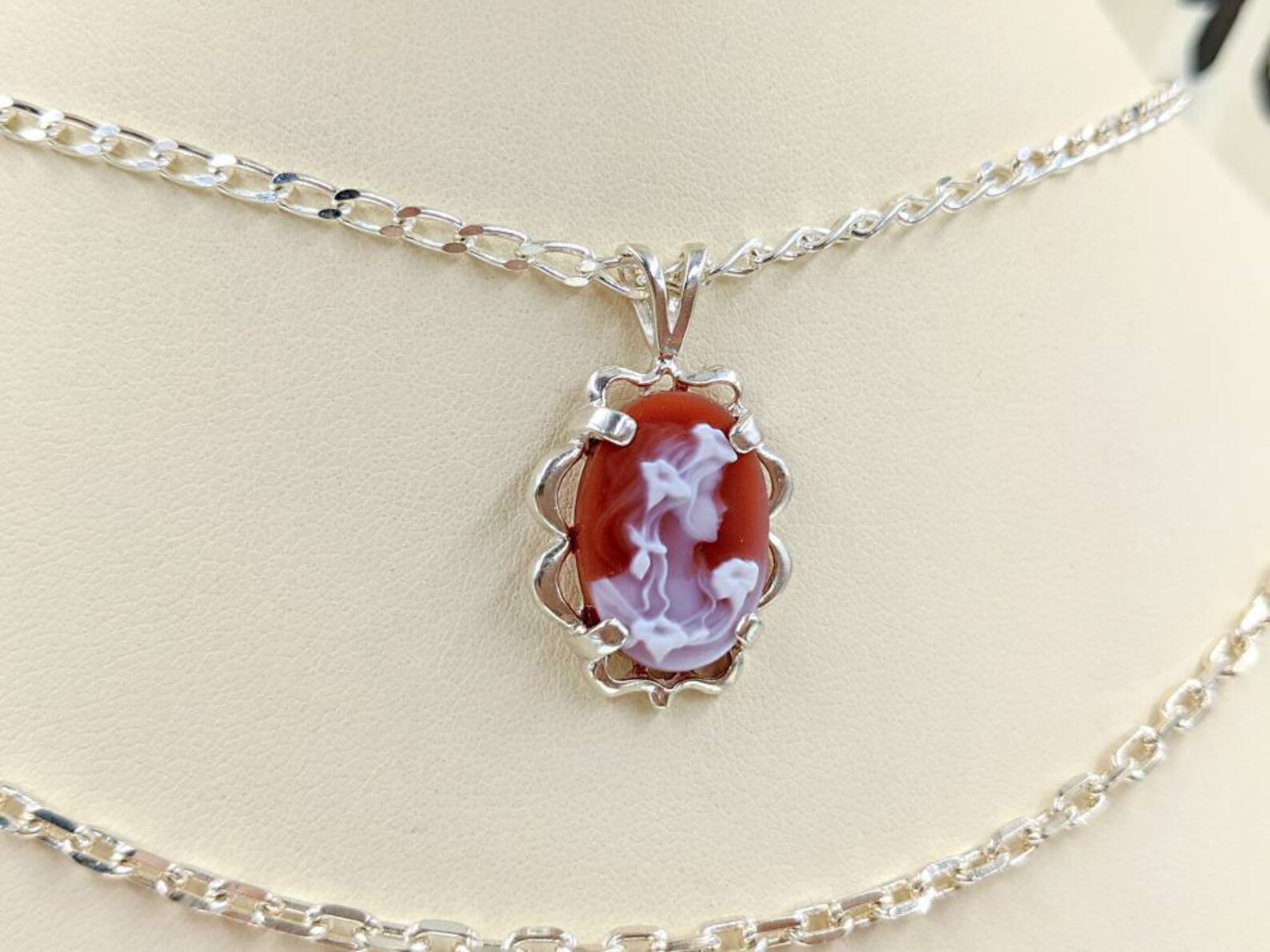 Genuine 925 Cameo Necklace; Genuine Red Agate Cameo W Layered Detail ...