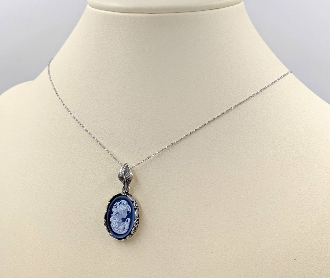Victorian Cameo; 925 Genuine Agate Cameo Necklace; Blue Woman Agate ...
