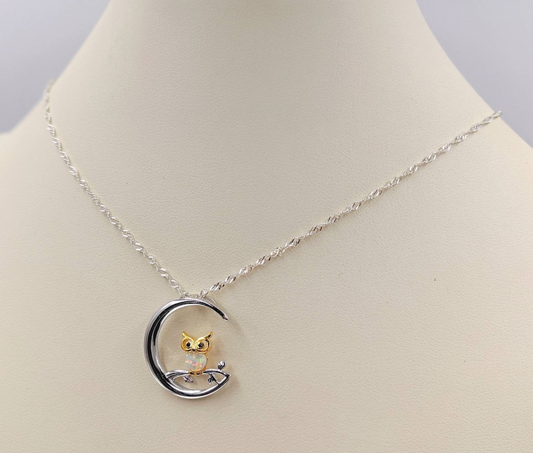 Two Tone White Opal Owl in the Moon Necklace; Gold and 925 Opal Moon ...