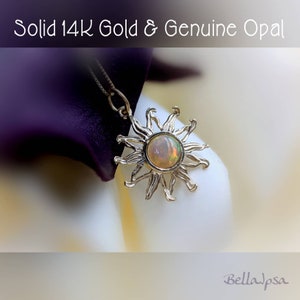 Genuine Fire Opal and Solid 14K Gold Sun Pendant Necklace; Genuine ...