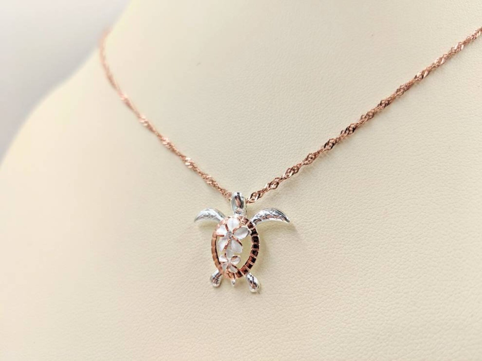 Two Tone Turtle Rose Gold Turtle Necklace with Hibiscus | Etsy