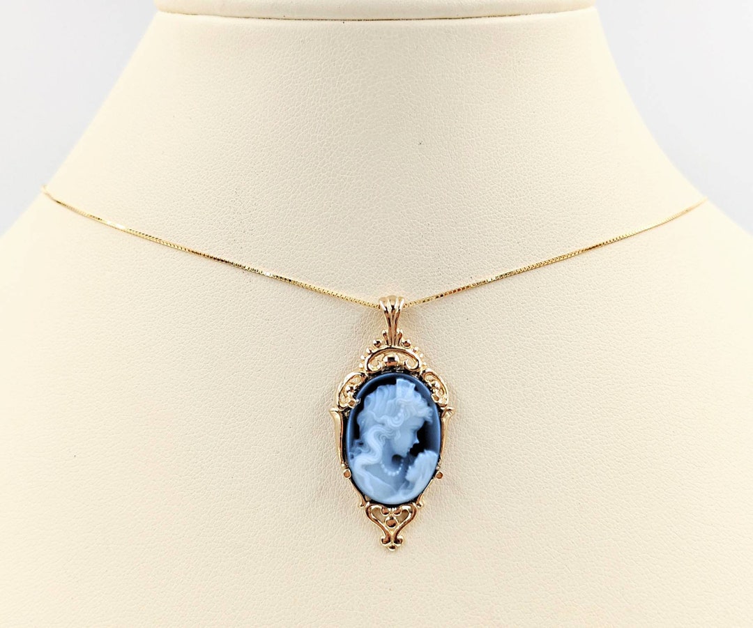 Solid 14K Gold Agate Cameo Necklace; 14K Gold Victorian Cameo; Blue ...