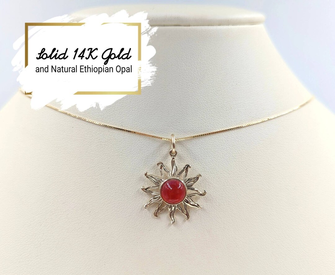 Genuine Opal and Solid 14K Gold Sun Pendant Necklace; Genuine Red Opal ...