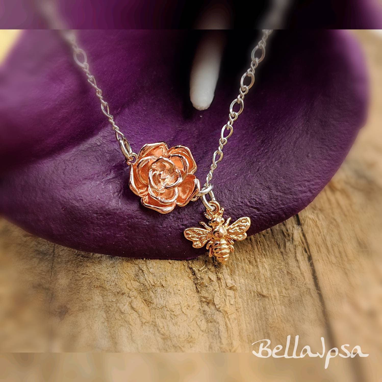 14K Vermeil Rose Gold Honey Bee Necklace With Rose Flower; Rose Gold ...