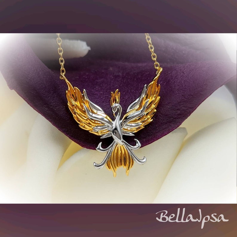 Two Tone Phoenix Rising Necklace, 925 Silver and Gold Phoenix Rising; 925 Gold Bird Pendant ...