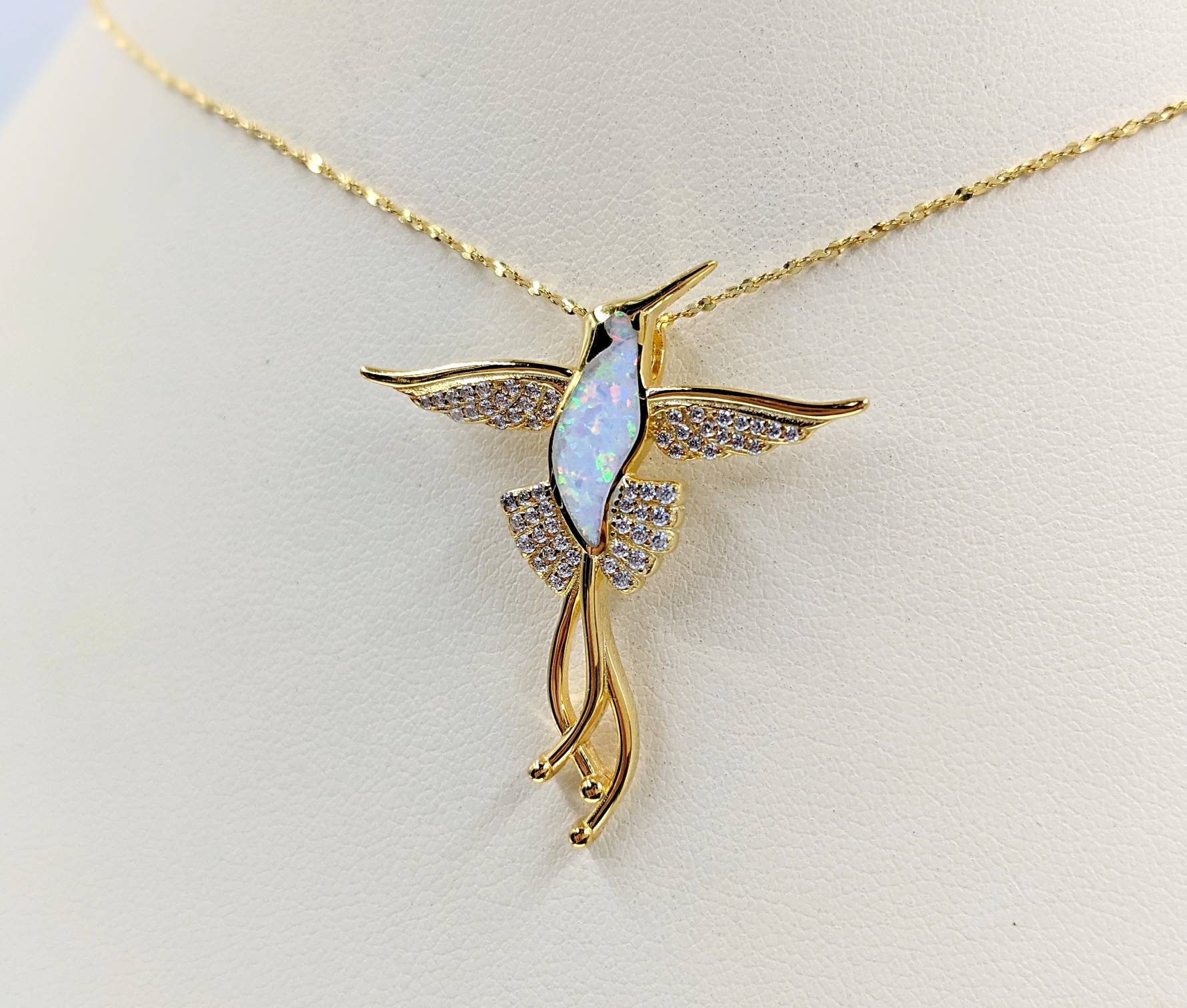 Pave Gold Hummingbird Necklace; 925 Sterling Hummingbird Pendant; Gold ...