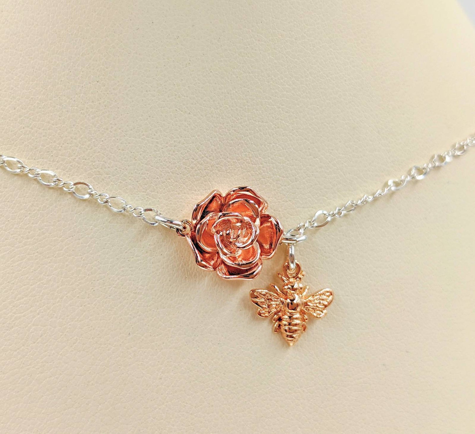 14K Vermeil Rose Gold Honey Bee Necklace With Rose Flower; Rose Gold ...
