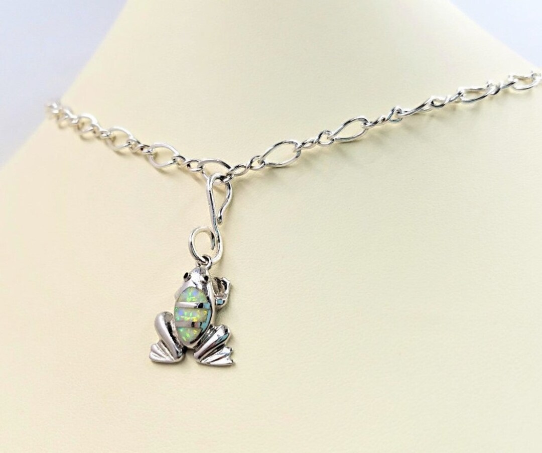 White Opal and Sterling Silver Frog Necklace on Sterling Swirl Drop ...
