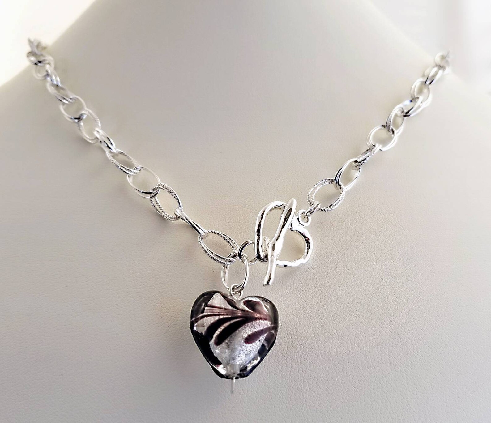 Sterling Silver Fancy Double Link Chain Necklace With Venetian Glass ...