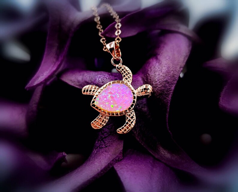 Adorable 925 Pink Opal Rose Gold Sea Turtle Pendant Necklace - Etsy