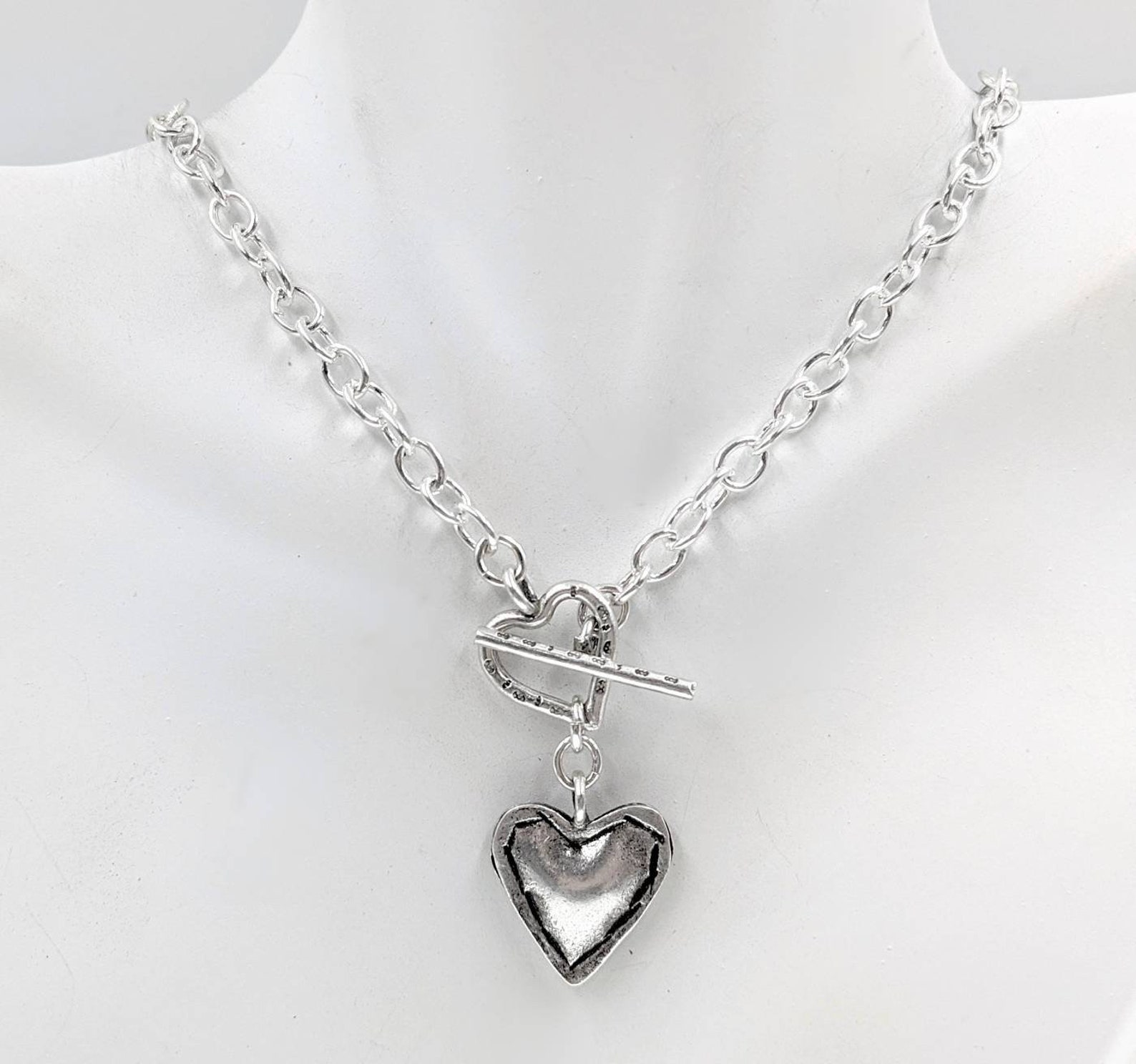 925 Sterling Silver Heart Toggle Necklace Heart Toggle Puffy Etsy