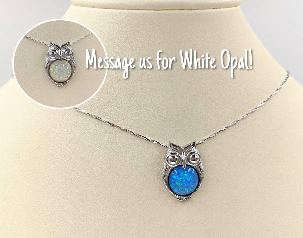 Sterling Blue Opal Owl Necklace 925 Sterling Fire Opal Owl Charm on 925 Chain Opal Owl Jewelry Blue Opal Bird Necklace Infinity Close Etsy