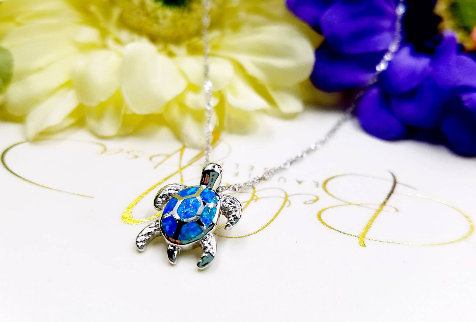 Turtle Necklace - Sterling Silver Water Wave Chain Necklace W Blue Fire ...