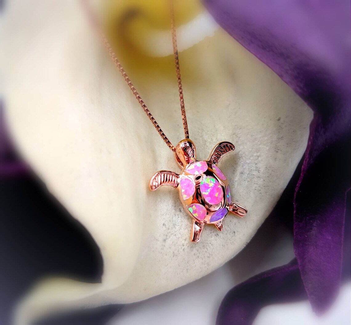 Rose Gold Turtle Necklace; 925 & Rose Gold Pink Opal Turtle Necklace ...