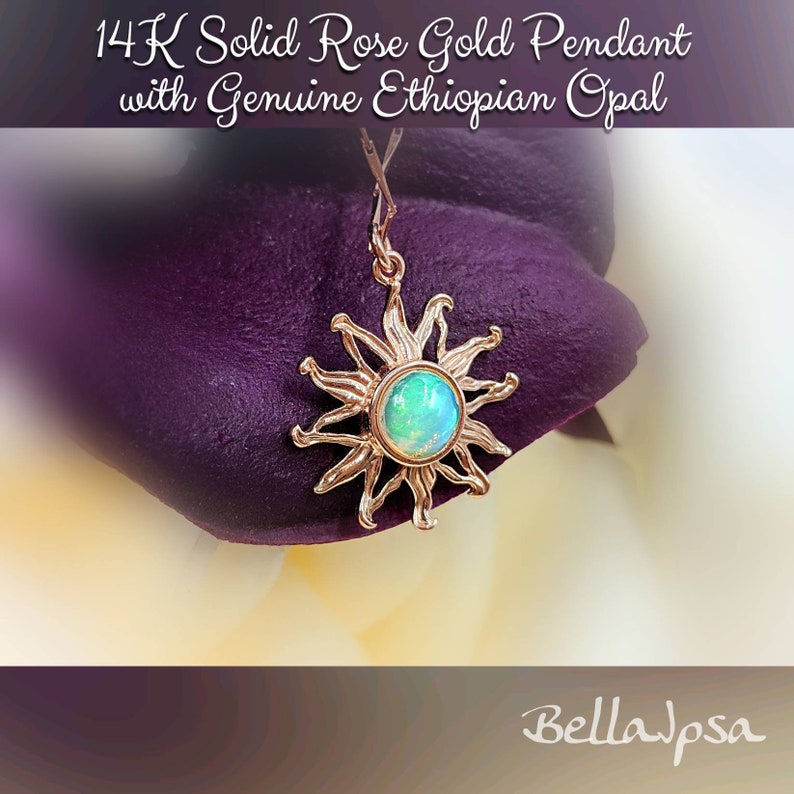Genuine Fire Opal and Solid 14K Rose Gold Sun Pendant Necklace ...