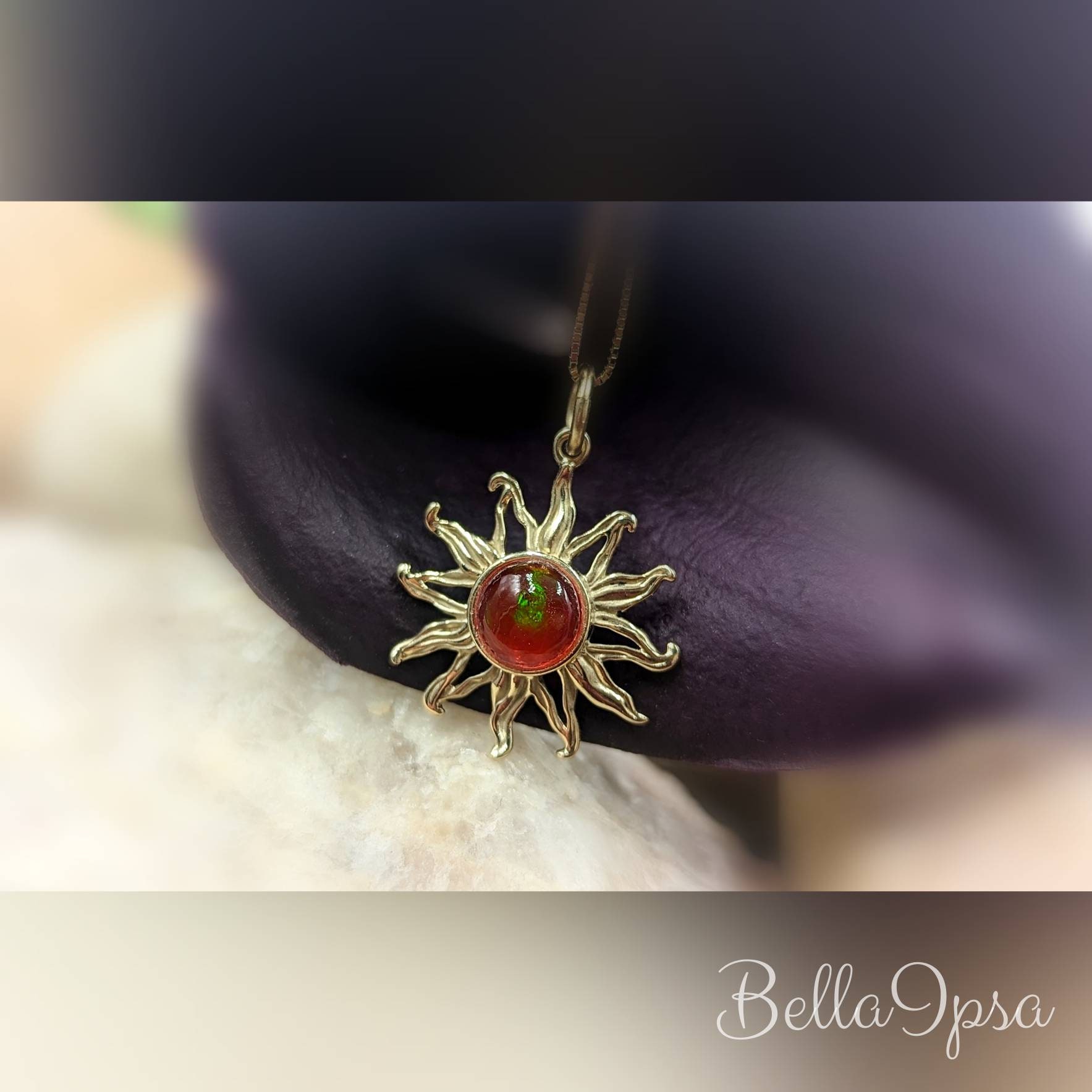 Genuine Opal and Solid 14K Gold Sun Pendant Necklace; Genuine Red Opal ...