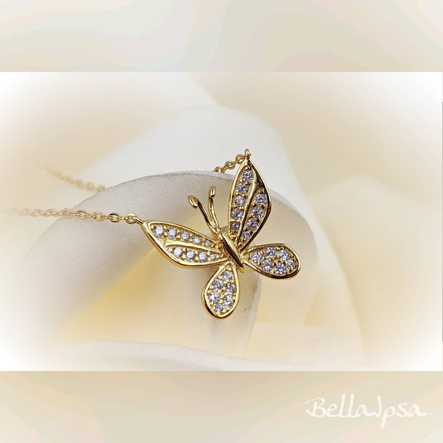 925 Gold Butterfly Necklace; Sterling Butterfly Necklace W CZ Pave ...