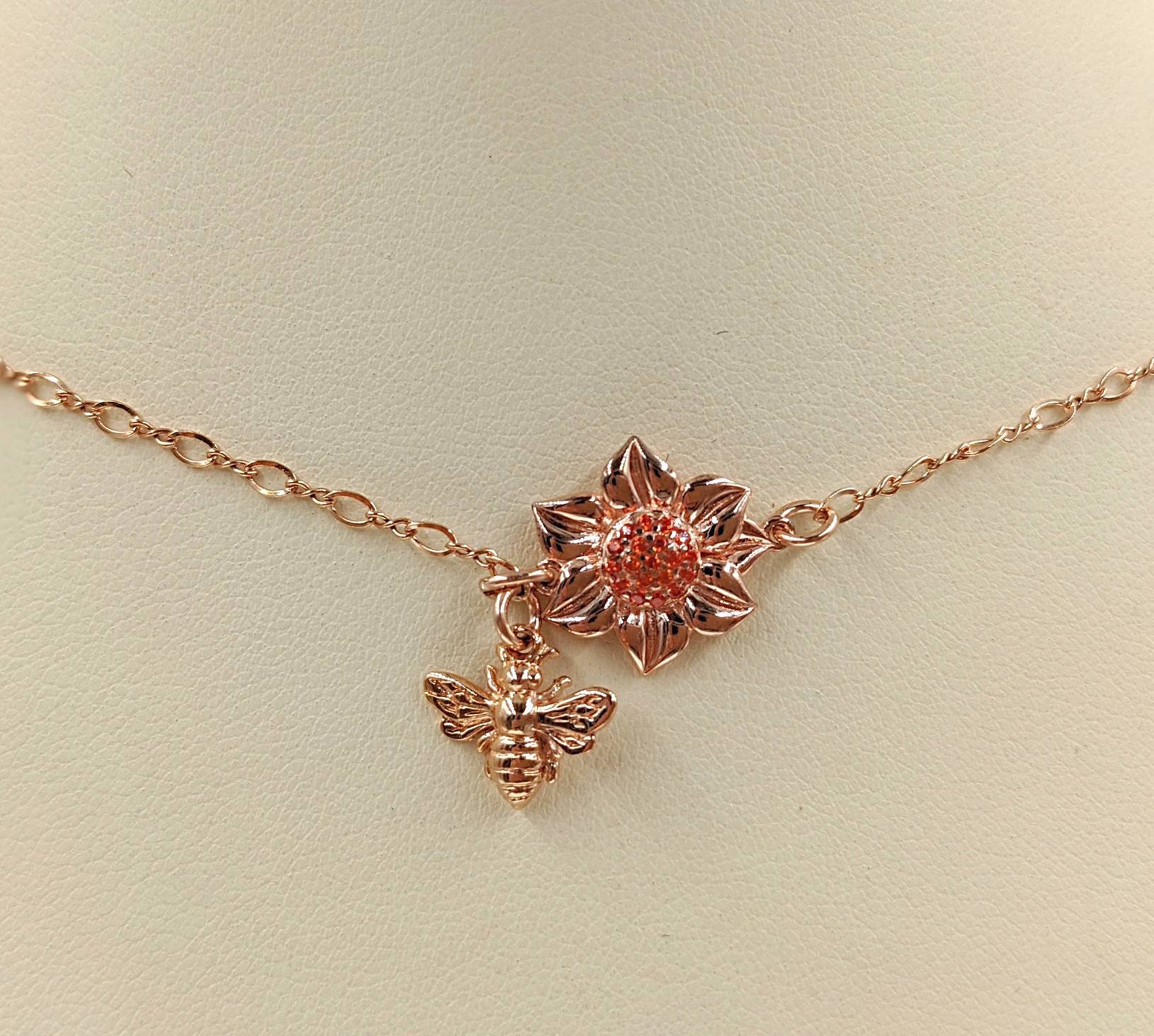 14K Vermeil Rose Gold Honey Bee Necklace With Sunflower; Rose Gold Bee ...