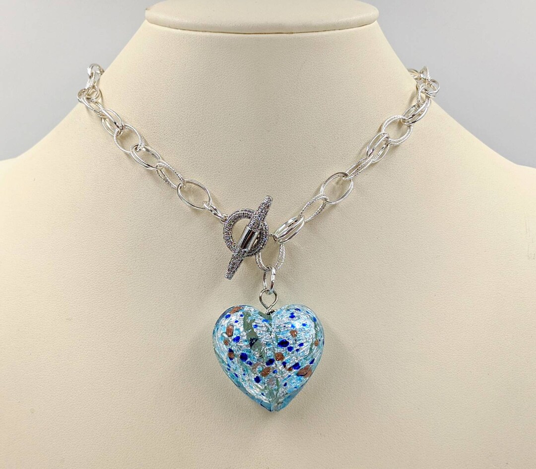 Blue Multi-color Venetian Heart Necklace With Sterling Silver Fancy ...
