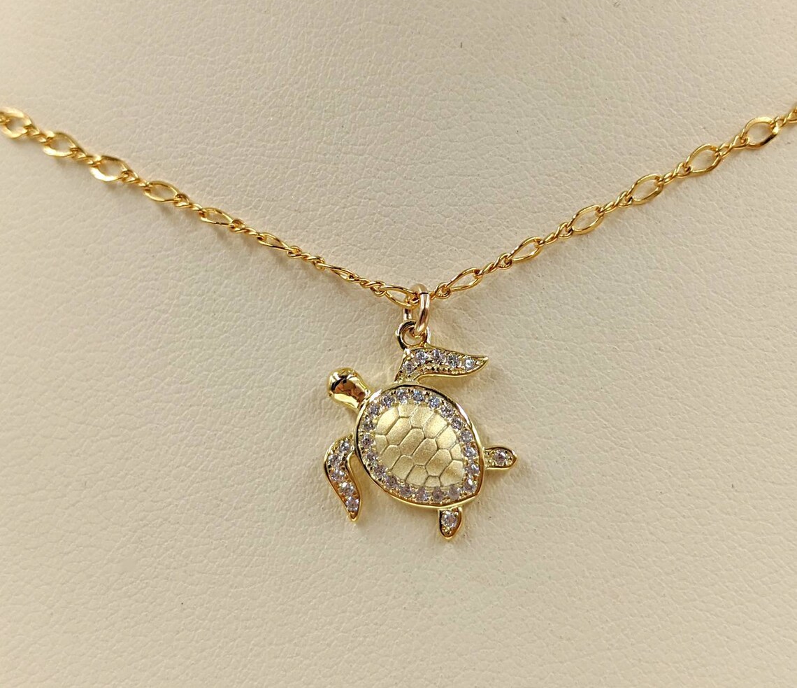 Small Yellow Gold Sea Turtle Necklace 925 and Gold Turtle | Etsy
